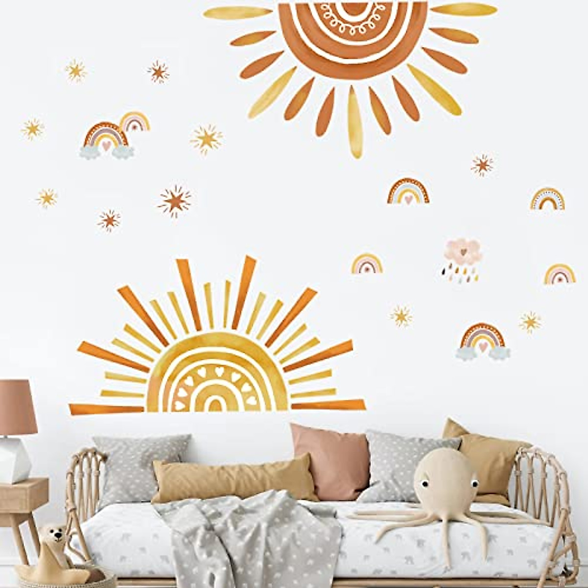 wondever Boho Sun Wall Stickers Large Rainbow and Clouds Peel and Stick Wall Art Decals for Baby Nursery Kids Bedroom Living Room