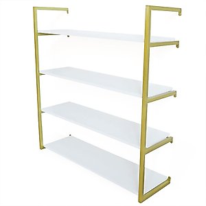 Wall Mounted Floating Shelves 4 Tier Wood Wall Shelves Bookshelf with Golden Metal Brackets-White Wood Shelves Set for Living Room Office Bedroom Kitchen