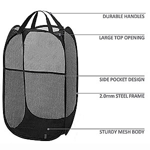 Buenod 2 Packs Mesh Pop up Laundry Hamper (Black) with Portable Handles, Collapsible for Storage, Foldable Pop-Up Laundry Bags for Kids Room, College Dorm or Travel