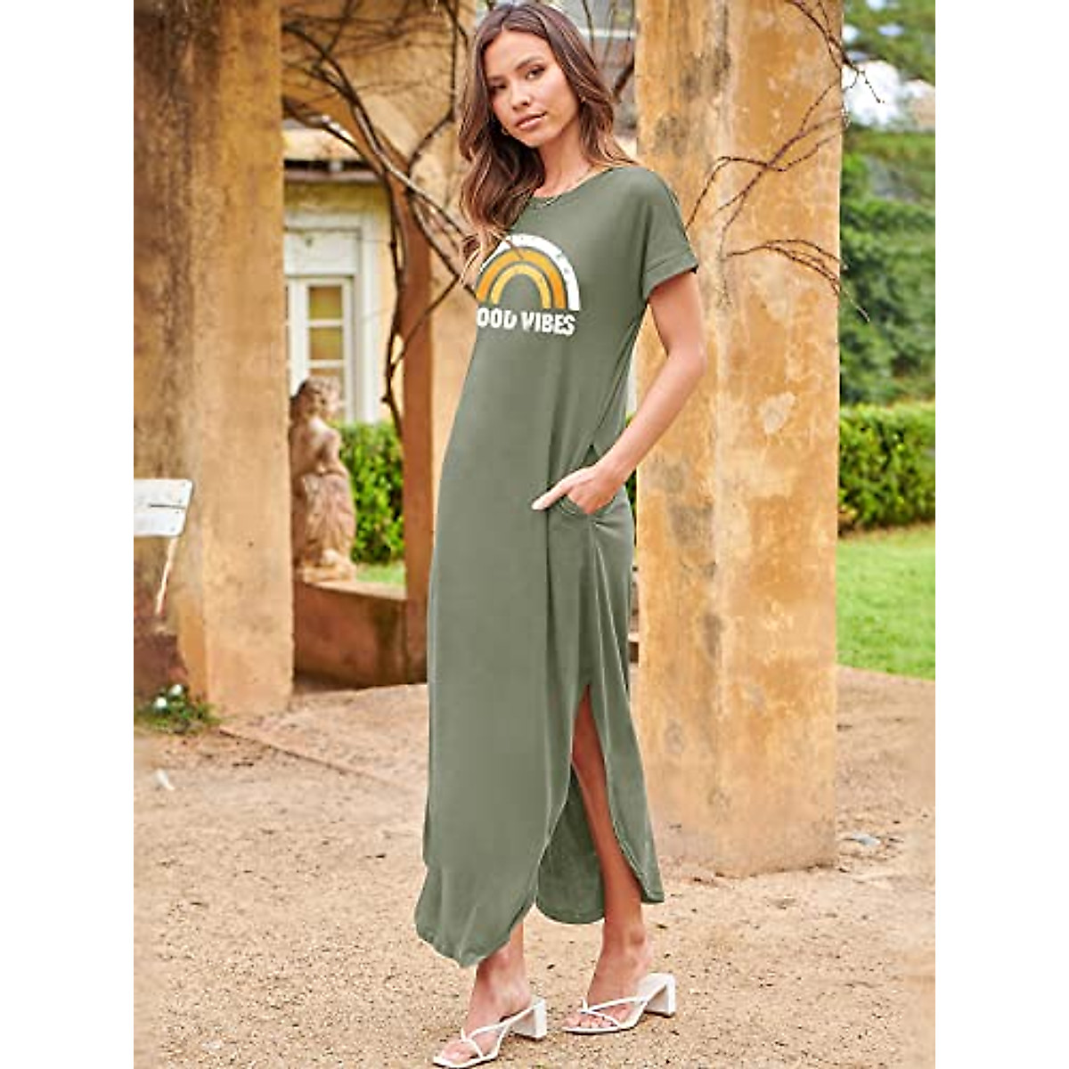 Prinbara Women's Casual Loose Sundress Long Dress Short Sleeve Split Maxi Dresses Cover Up Long Cami Maxi Dresses with Pockets 2PA22-ganlanlvyinzi-S