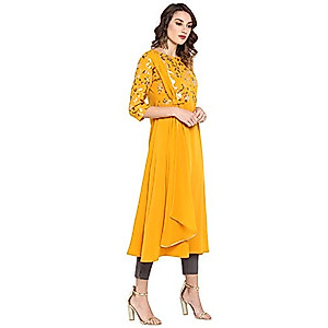 Janasya Women's Mustard Foil Printed Poly Crepe Kurta