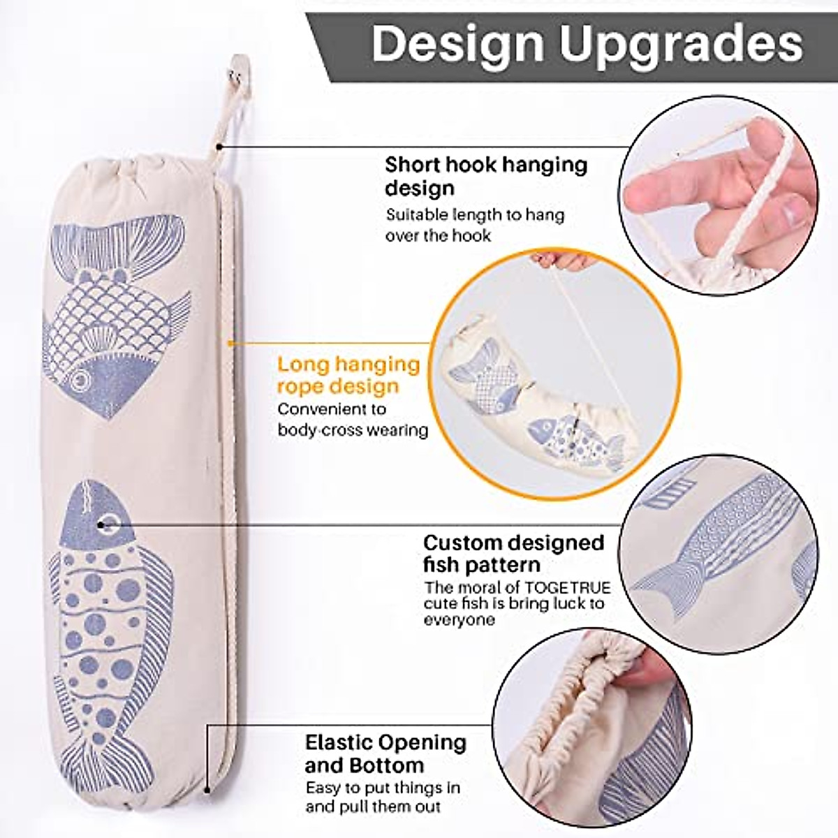 TOGETRUE Plastic Bag Holder, Natural Cotton Grocery Shopping Bag Holder, Cute Fish Pantry Decor (Sky Blue)