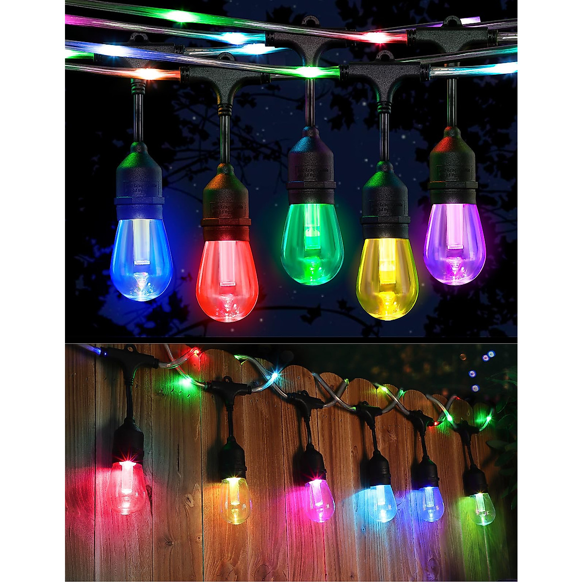 YLXS 48FT RGB String Lights with Rope Fairy, LED RGB Café Patio Lights Outdoor with Remote, Waterproof Shatterproof Edison String Lights for Garden