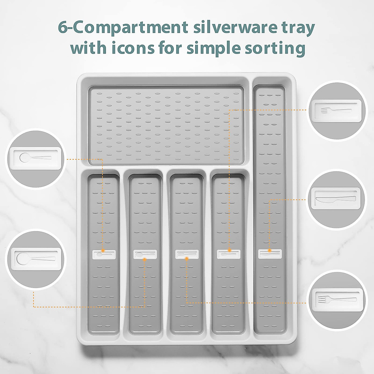 Joequality Silverware Organizer with Icons，Plastic Cutlery silverware Tray for Drawer，Utensil Tableware Flatware Organizer for Kitchen with Non-slip TPR,Fits Oversized Drawer,6-Compartment，Grey