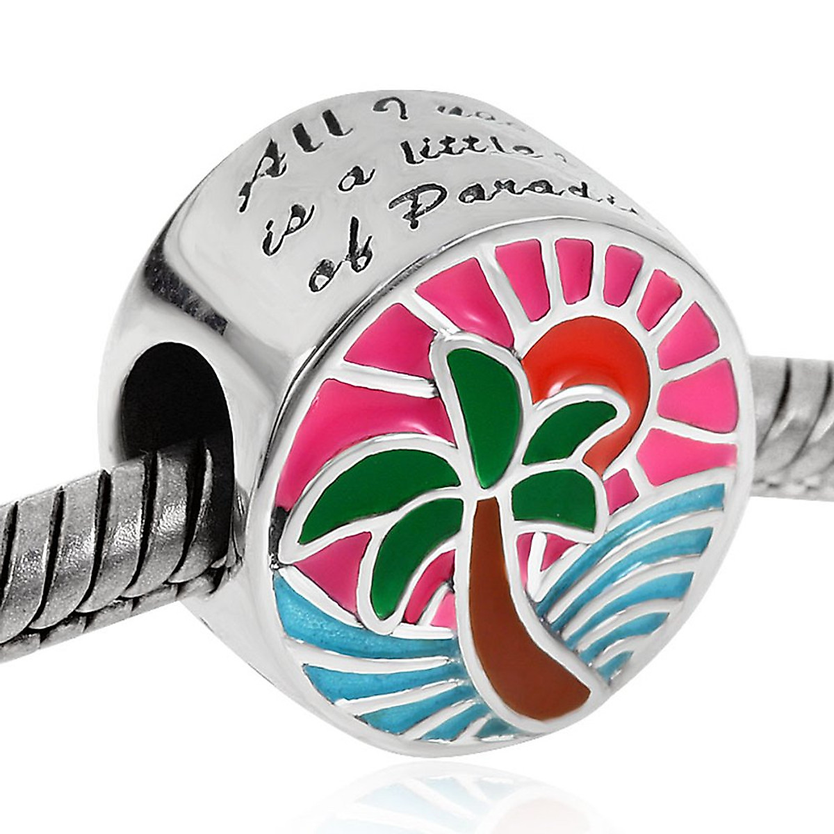 ARTCHARM Tropical Sunset Charm 925 Sterling Silver Palm Tree Ocean Sun Beads Sea Waves Charms