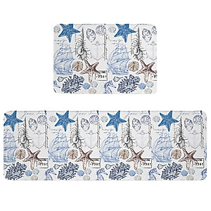 Debedcor Ocean Theme Beach Kitchen Rugs and Mats Set of 2, Coastal Starfish Non-Skid Bathroom Rugs, Nautical Seashell Rug Kitchen Runner Floor Mat for Sink/Laundry Room/Office, 15.7"x23.6"+15.7"x47.2"