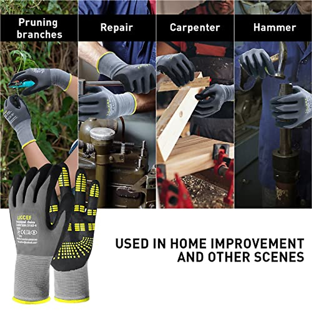 LOCCEF Endurance Knit Work Gloves MicroFoam Nitrile Coated-6 Pairs,Tacky Dot Grip, Multi Purpose,Micro-Foam Gloves(8-M)