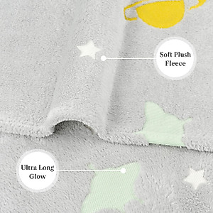 PAVILIA Glow in the Dark Blanket, Spaceship Space Gift for Girls Boys, Toy Blanket for 1 2 3 4 5 6 7 8 9 10 Year Old Boy, Soft Plush Fleece Kids Gift Blanket for Birthday, Christmas, Room Decor, 50x60