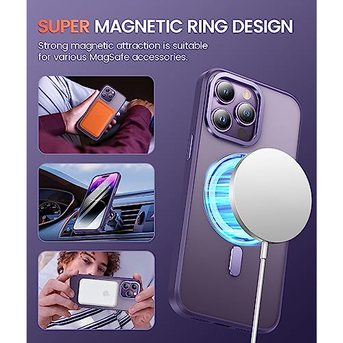 Caka 360° Rotatable Ring for iPhone 14 Pro Max Phone Case with Screen Protector & Kickstand Magnetic Ring Holder Protective Matte Case for iPhone 14 Pro Max 6.7 inches - Deep Purple