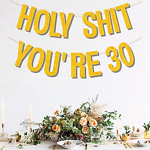 Yasmart Life 30th Birthday Decorations for Women Men Pre-Strung Gold Glitter Birthday Party Decor Sign Funny Banner 30th Bday Party Supplies Holy Shit You're 30 Birthday Banner Party Decoration
