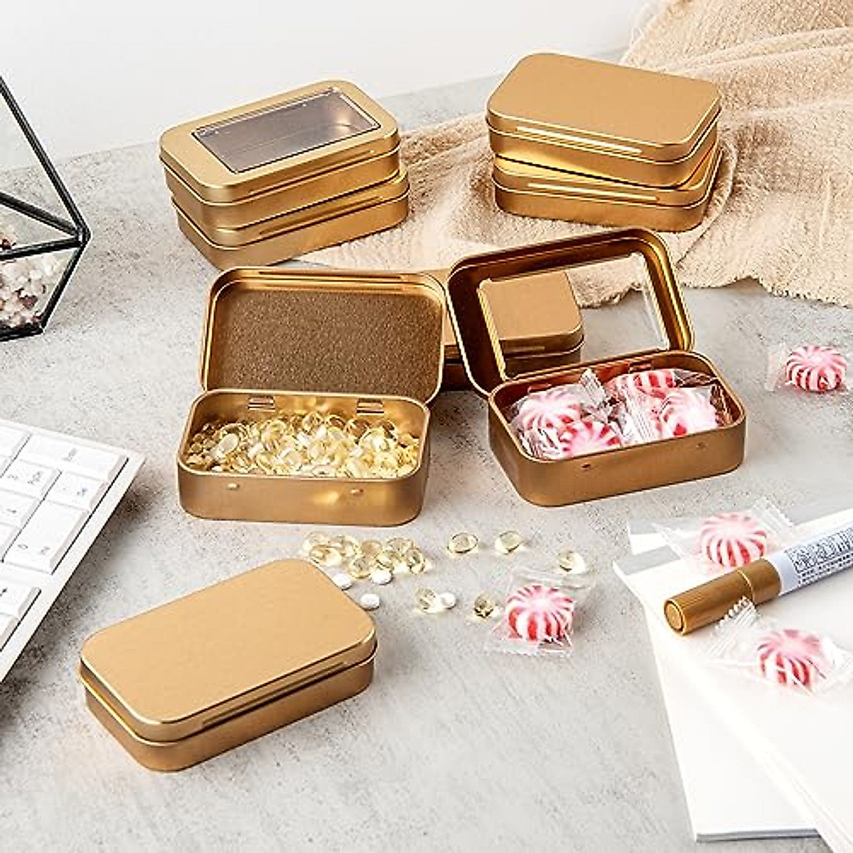 Restaurantware RW Base 4.5 Ounce Rectangular Tin Containers 10 Durable Tin Boxes With Lids - Clear Window Lids Rounded Edges Gold Tin Storage Containers Customizable Fits Mints Or Pills