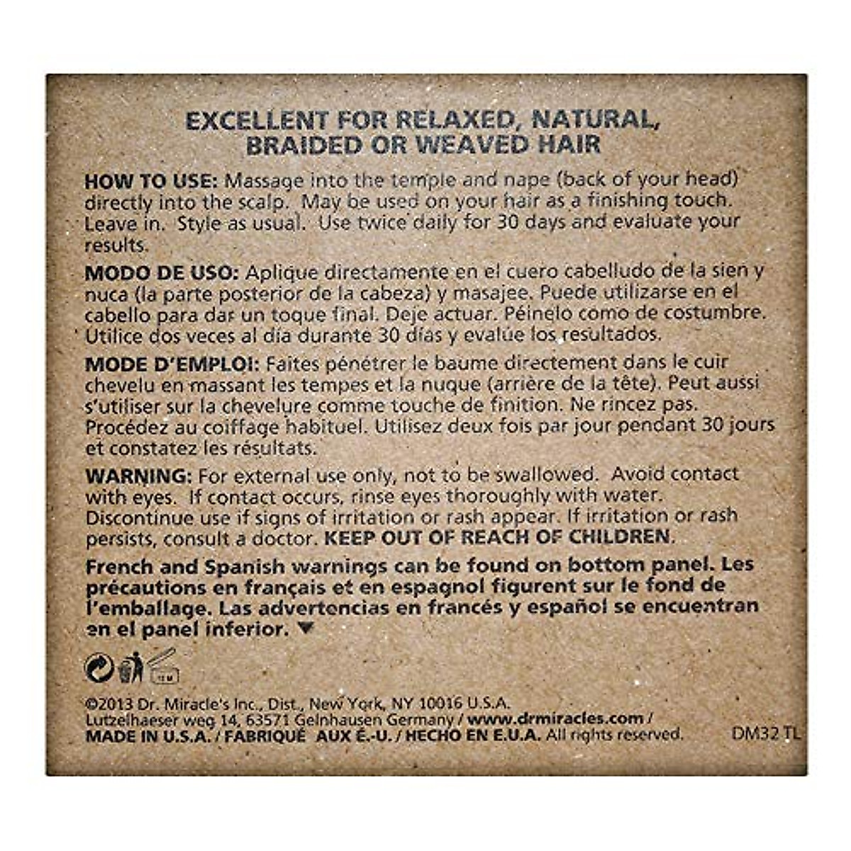 Dr. Miracle's Temple and Nape Gro Balm - For Healthy Hair Growth, Contains Wheat Protein, Aloe, Vitamin A, Vitamin D, Strengthens, Promotes Growth, 4 oz
