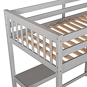 BIADNBZ Twin Size Loft Bed with Under-Bed Desk and Storage Shelves, Wooden LoftBed Frame for Kids Teens Bedroom, Gray