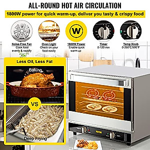 VEVOR Commercial Convection Oven, 66L/60Qt, Half-Size Conventional Oven Countertop, 1800W 4-Tier Toaster w/ Front Glass Door, Electric Baking Oven w/ Trays Wire Racks Clip Gloves, 120V