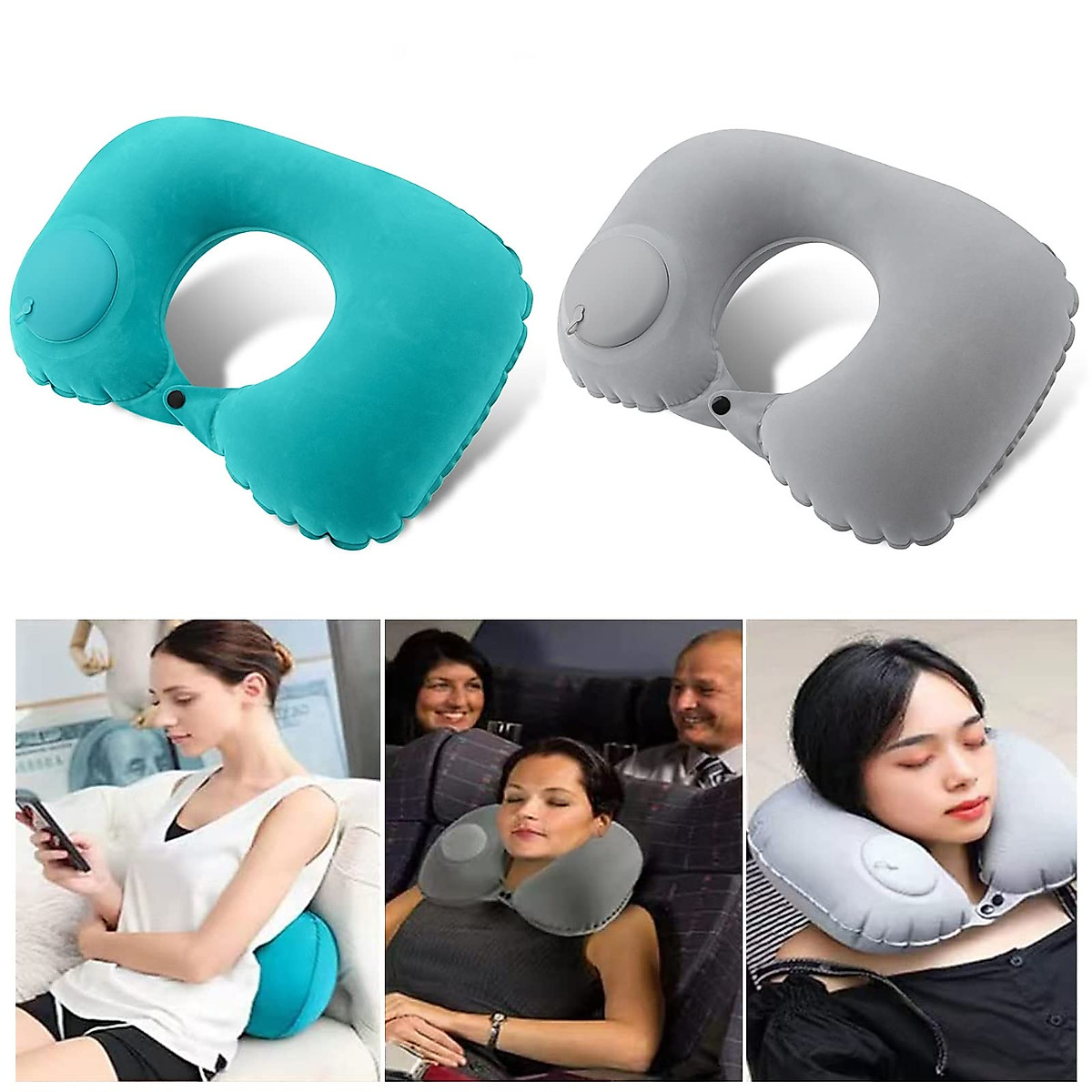 Altsuceser 2Pcs Inflatable Travel Pillow Neck Pillow for Travel, Compact Portable U-Shape Head Neck Support Cervical Cushion for Car Airplane Train Travel Office Napping Grey & Green