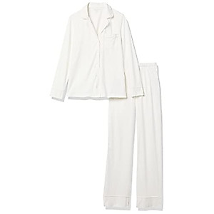 Amazon Essentials Women's Cotton Modal Long-Sleeve Shirt and Full-Length Bottom Pajama Set, White, Small