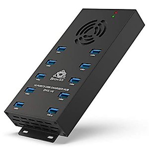 BrovSS: 10 Port USB 3.0 Hub - USB Hub Charger - Powered USB Hub - USB Charging Splitter - Multiple USB Port Hub - Charging Hub with 5V 10A 120W Power Adapter, Cooling Fan, Mounting Brackets (Black)
