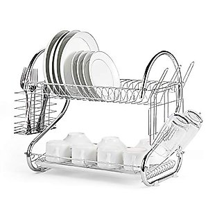 Glotoch 2-Tier Full Sized Dish Drying Rack with Utensil Holder and Cup Holder with Dish Water Drain Board Tray Rustproof Chrome Plating 16.5 x 10 x 15 Inches Storage Space Saving Kitchen Organizer