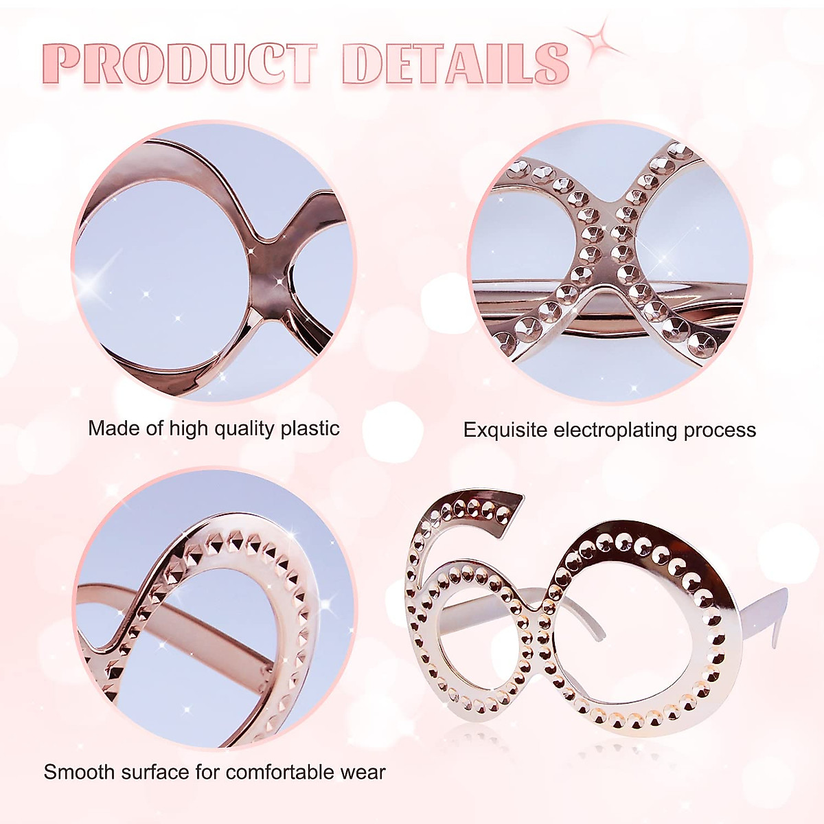 9 Pack Sunglasses & Decorations - Men & Women's Party Eyeglasses for 60th Birthday & Anniversary Celebrations (rose gold)