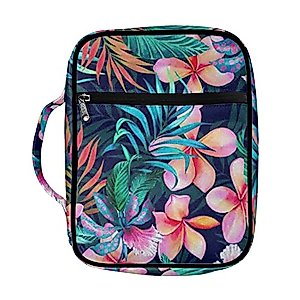 GLENLCWE Hawaiian Pink Hibiscus Green Palm Bible Cover Bible Case for Women Girls Carrying Book Cover Organizer with Handle and Front Zipper Pockets