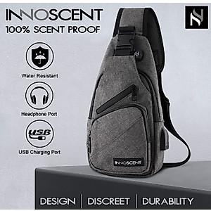 INNOSCENT Smell Proof Sling Bag Backpack - COMBINATION LOCK - Shoulder Crossbody Bag With USB/Headphone Charging Port Black (Light Grey)
