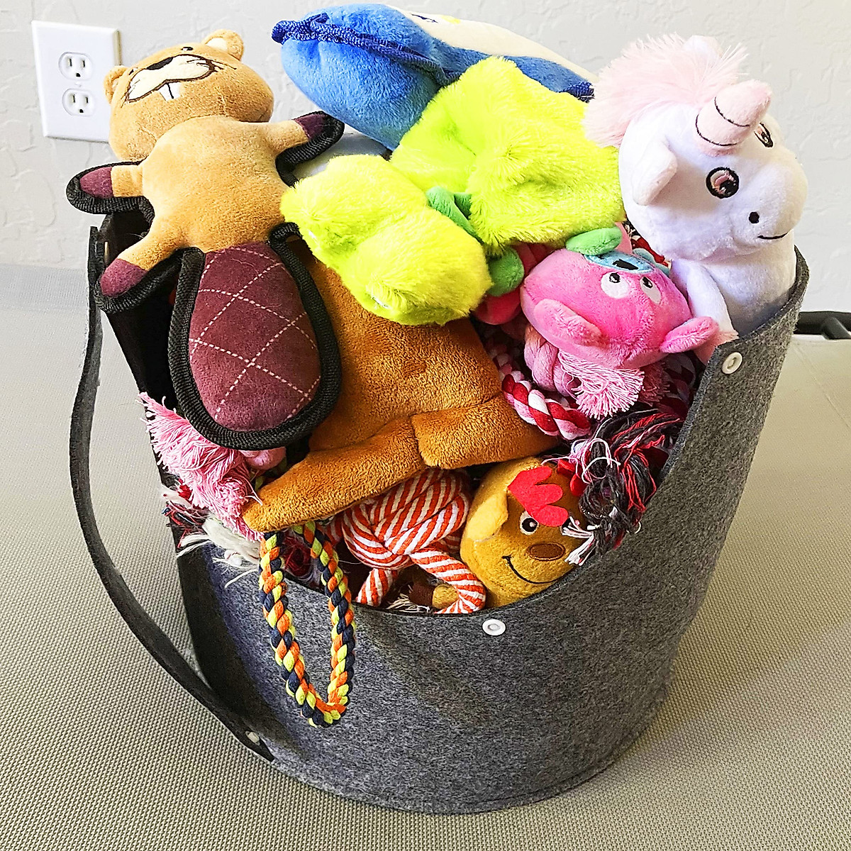 Jalousie Dog Toy Storage Basket Dog Toy Bin with Handle - Heavy Duty Thick Felt Extra Bonus Squeaky Dog Toy Included - Perfect for Organizing Pet Toys and Accessories Puppy Toy Storage for Easy Assess