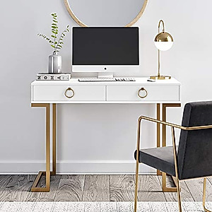 Nathan James Leighton Two-Drawer Writing Glam Accents Brass, Home Office Computer Desk or Vanity Table, 2, White/Gold