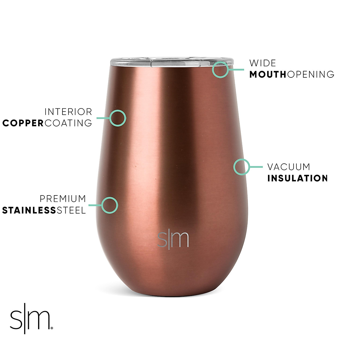 Simple Modern Wine Tumbler with Lid | Cute Stemless Glass Cup with Press-In Lid | Insulated Stainless Steel Coffee Mug | Gifts for Women Men Him Her | Spirit Collection | 12oz | Metallic Copper