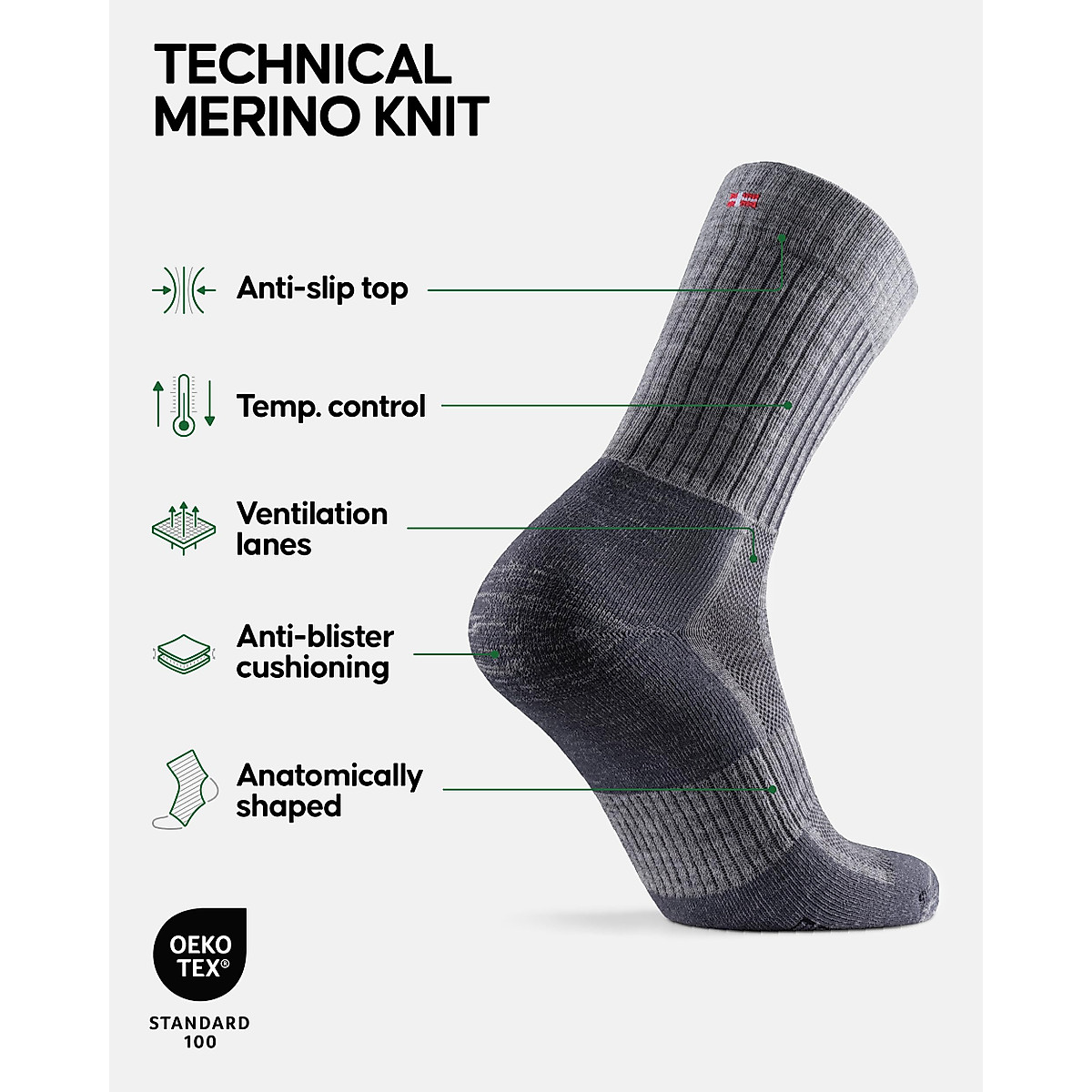 DANISH ENURANCE Premium Outdoor Hiking Socks, Merino Wool, Men & Women, 2 Pack, Light Grey, Large