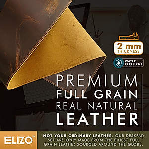 ELIZO Real Leather Desk Mat Set (32x16) Large Desk Cover Blotter Protector Computer Gaming Mouse Pad Table Laptop Office Desktop Accessories Antique 2mm