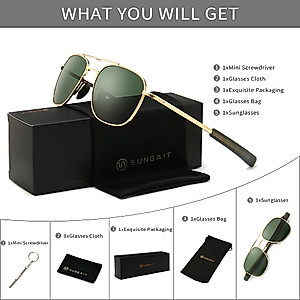 SUNGAIT Men's Military Style Polarized Pilot Aviator Sunglasses - Bayonet Temples (Gold Frame/Green Lens, 55) A285JKLV