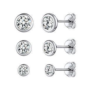 ChicSilver Sterling Silver Stud Earrings for Women Men- 3 Pairs Hypoallergenic Tiny Simulated Diamond Round Cubic Zirconia Ear Stud Set for Sensitive Ears
