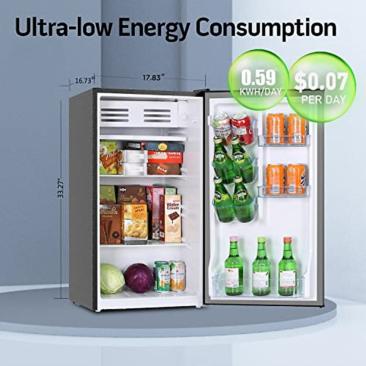 Frestec 3.1 Cu.Ft Mini Fridge for Bedroom, Mini Refrigerator with freezer, Dorm Fridge with Freezer, Reversible Door Perfect for Room and Office, Adjustable Temperature(without Handle, Silver)