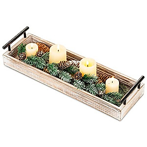 Hanobe Wood Serving Tray with Metal Handles - Rustic Whitewash Rectangula Decorative Trays Long Narrow Ottoman Trays for Decor Wooden Country Centerpiece for Wine Coffee Table Candle Holder