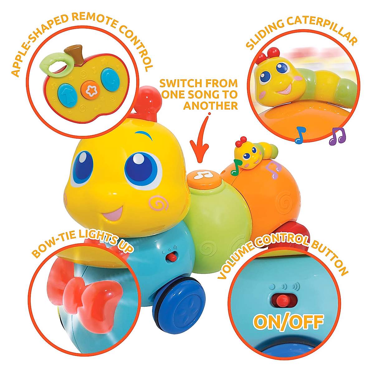 KiddoLab Crawling Caterpillar Baby Toy - Apple-Shaped Remote Control with Easy-Press Buttons- Plays 10 Children's Nursery Rhymes - Musical Toys for Toddlers