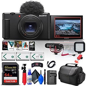 Sony ZV-1 II Vlog Camera for Content Creators and Vloggers (Black) (ZV-1M2/B) + Pro Mic + 64GB Card + Corel Photo Software + 2 x NP-BX1 Battery + Card Reader + LED Light + Soft Bag + More (Renewed)