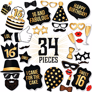 16th Birthday Photo Booth Props by PartyGraphix. DIY 16th Birthday Party Props Kit (34 Count, Black and Gold)