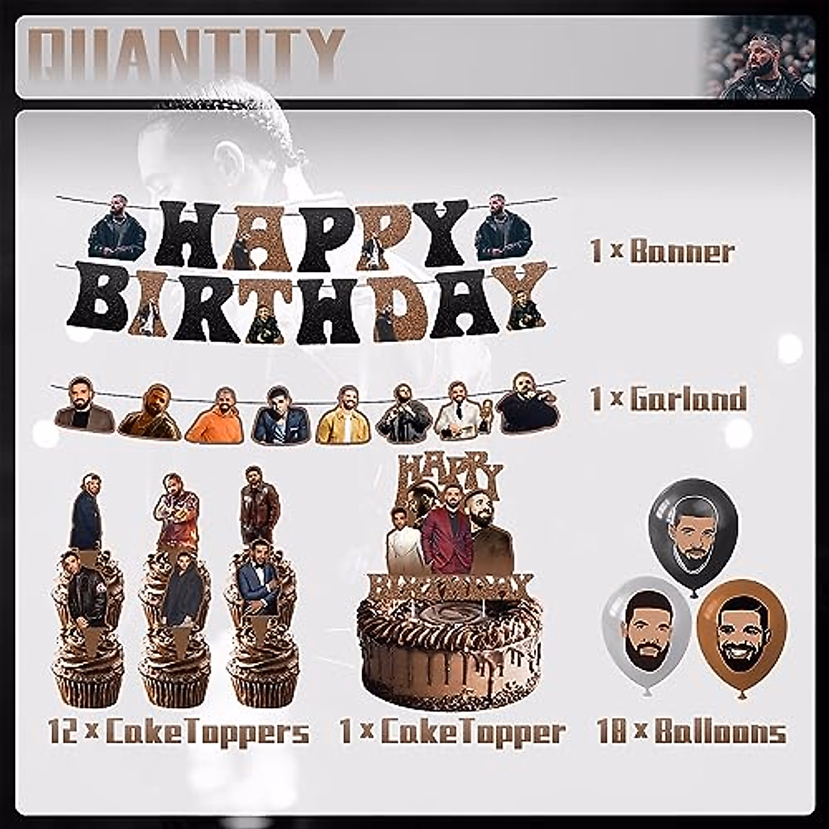 Drake Themed Birthday Party Decorations OVO Aubrey Drake Graham Party Decor Rapper Party Supplies Favors Happy Birthday Banner Cake Toppers Balloons Set of 33Pcs