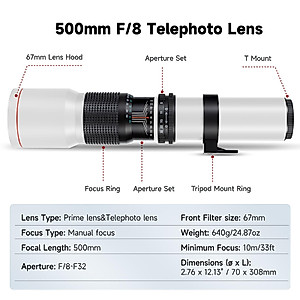 JINTU 500-1000mm f/8 Manual Telephoto Lens + T-Mount for Canon EOS Rebel SL2 SL1 T3 T3i T4i T5 T5i T6 T6i T6s T7 T7i 4000D 6D 7D 60D 70D 77D 80D 5D II/III/IV 550D 650D SLR Camera Lenses