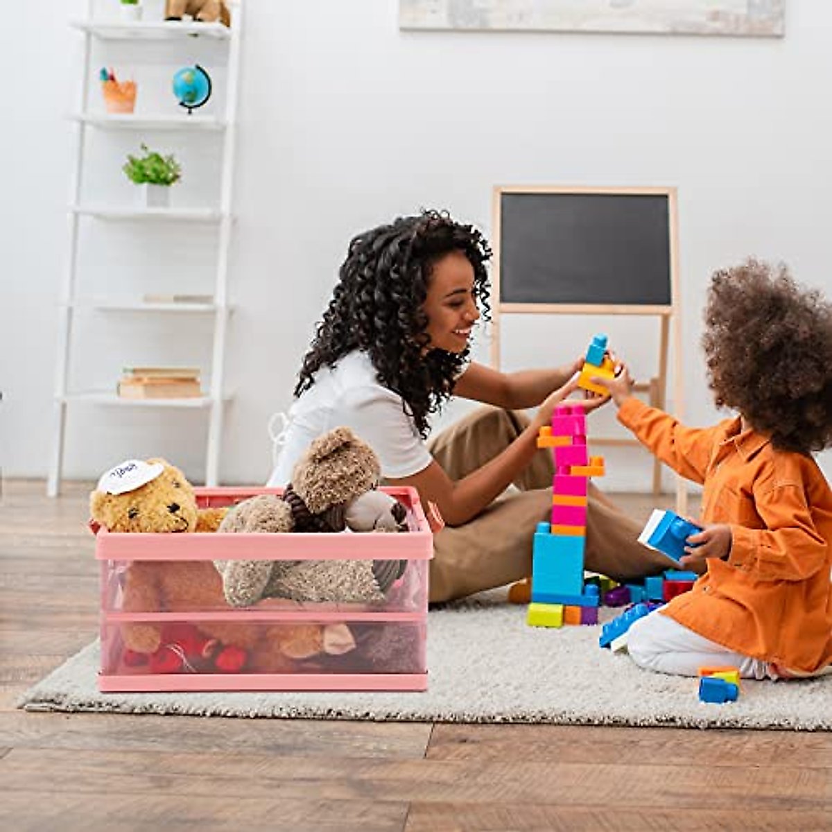 Transparent Storage Container Collapsible Storage Box with Lid Plastic Storage Bin Toy Organizer Stackable Book Box Clear Folding Utility Crate Tote Closet Shelf Basket - Pink