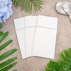 Nervure 100PCS Silver Paper Napkins with Built-in Flatware Pocket - White and Silver Prefolded Cloth Like Disposable Napkins - Heavy-duty Linen-Feel Dinner Napkins for Party & Wedding & Dinner