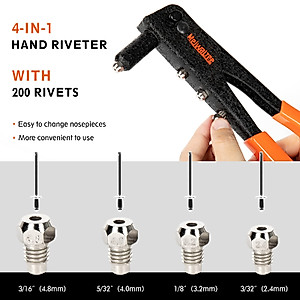 Meiwaltee Rivet gun,Professional Pop Rivet Gun Kit with 200Pcs Rivets, 3/32"-1/8"-5/32"-3/16", Heavy Hand Riveter kit Suitable for Metal work, Gutter, Automotive and other common DIY projects