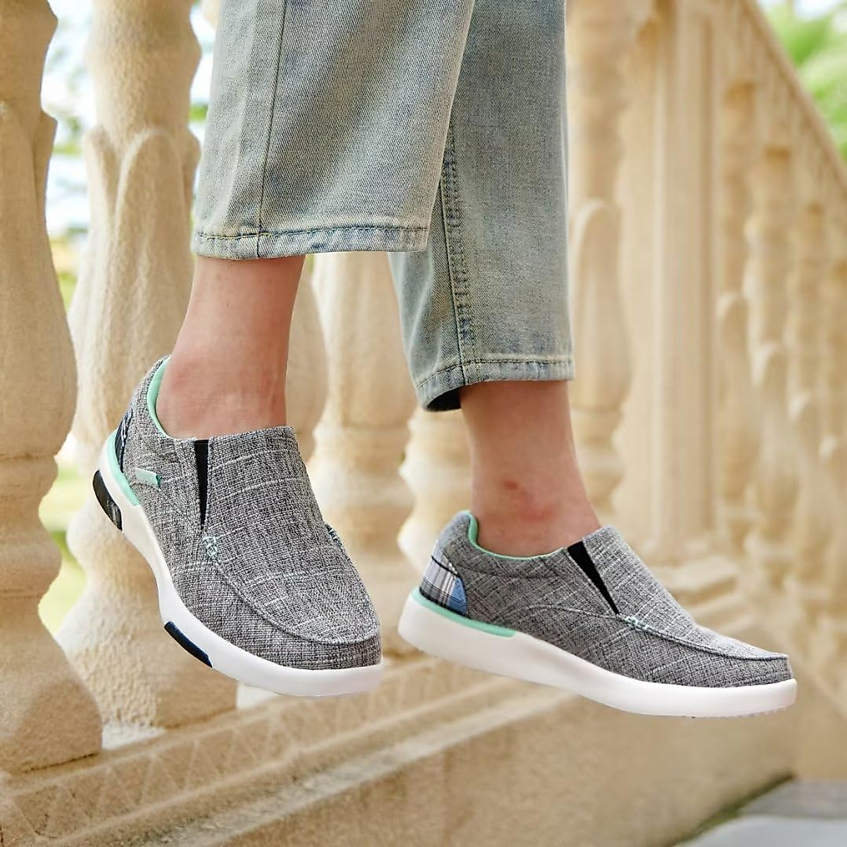 URRAX Womens Stylish Orthotic Slip On Shoes with Arch Support, Super Non Slip Shoes for Plantar Fasciitis Relief, Light Weight Walking Shoes with Eva Rubber Sole Grey/Green Size 10