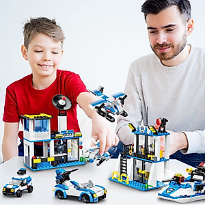 Hodlvant City Police Station Building Sets, Police Station Mobile Command Center Building Blocks Kit with Artillery car & Cop Patrol Car & Helicopter Toy, STEM Toys Set for Boys Girls Aged 6 7 8 9 +