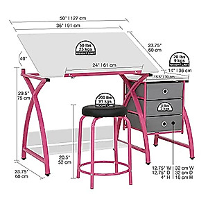 SD STUDIO DESIGNS 2 Piece Comet Center Plus, Craft Table and Matching Stool Set with Storage and Adjustable Top, 50" W x 23.75" D x 29.5" H, Pink/White