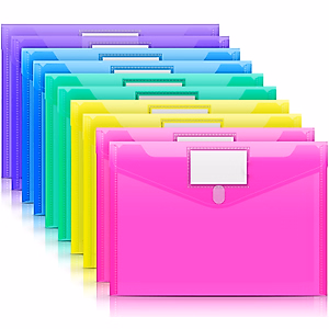 Sooez 10 Pack Plastic Envelopes Poly Envelopes, Clear Document Folders Plastic File Folders US Letter A4 Size File Envelopes with Label Pocket, Assorted Color