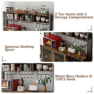 Loomie Wine Bar Cabinet with LED Lights, Industrial Coffee Bar Cabinet with 3 Storage Compartments & Wine Rack &Glass Holder,Sideboard Buffet Cabinet for Liquor and Glasses,Liquor Cabinet,Rustic Brown