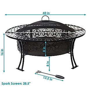 Sunnydaze 40-Inch Round Steel Fire Pit Table with Durable Spark Screen and Poker - Portable Design - Black - Four Star