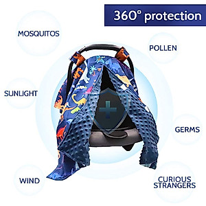 Dinosaur Baby Car Seat Canopy, Soft Plush Dotted Backing Baby Car Seat Cover, Nursing Cover Breastfeeding Scarf, Infant Carrier Cover for Boys and Girls