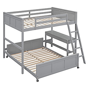 Full Over Full Loft Bed with Desk and Storage Drawers, Wood Bunk Loft Bunk Bed for Kids, Can Be Separated into A Full Size Platform Bed Frame and A Loft Bed for Girls Boys Teens, Gray